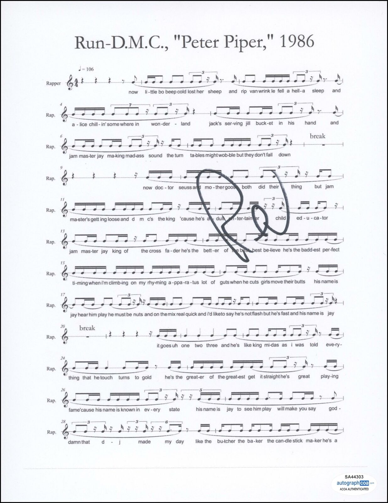 Rev Run "Run DMC" AUTOGRAPH Signed 'Peter Piper' 8.5x11 Sheet Music ...