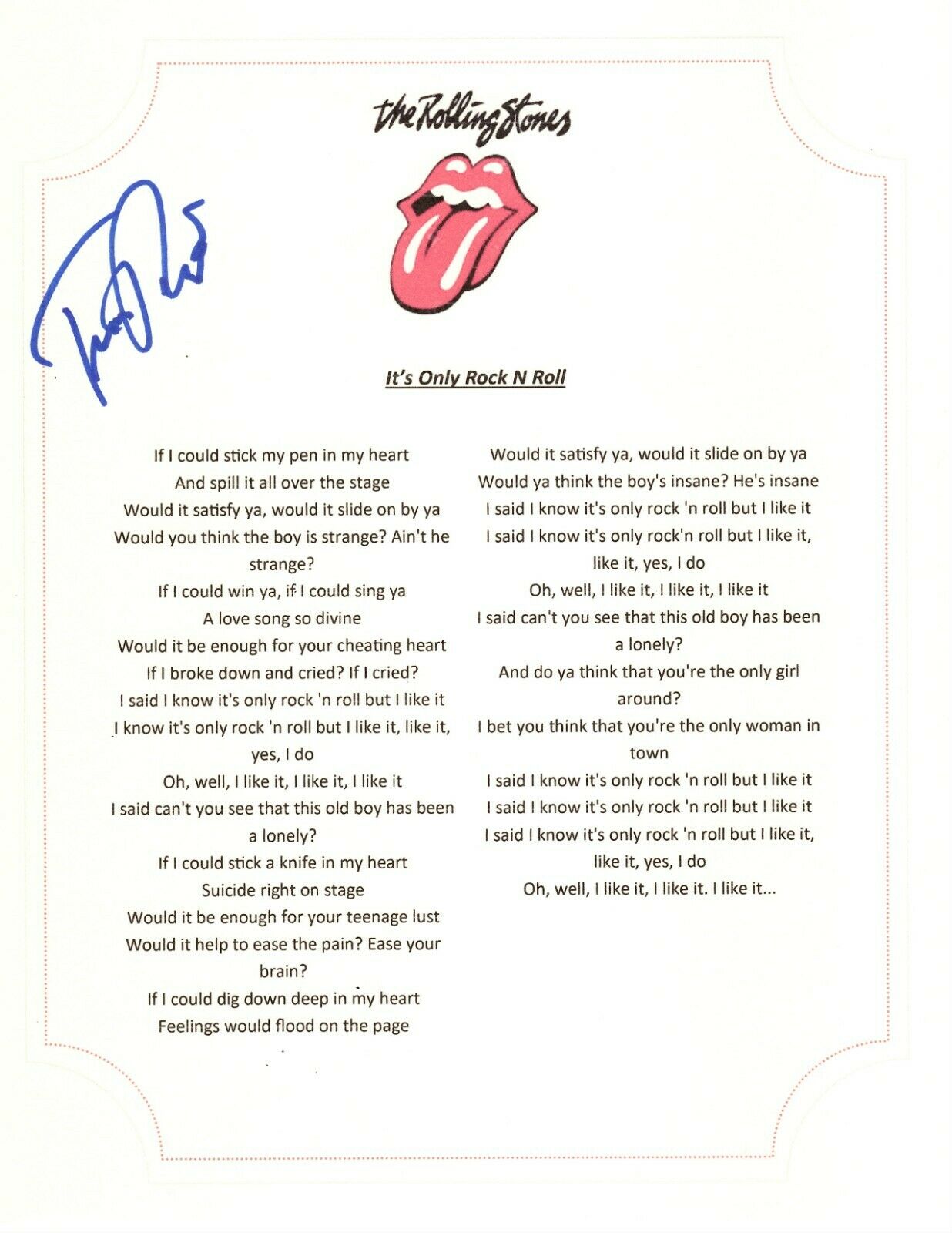 THE ROLLING STONES TIM RIES SIGNED ITS ONLY ROCK N ROLL LYRIC SHEET ...