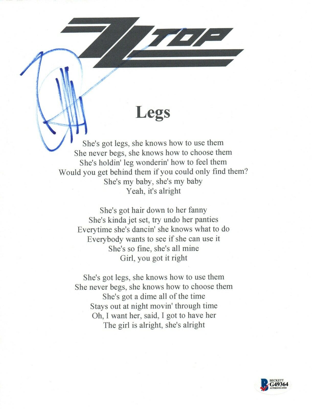 Billy Gibbons Signed Autograph ZZ Top LEGS Song Lyric Sheet Beckett BAS ...