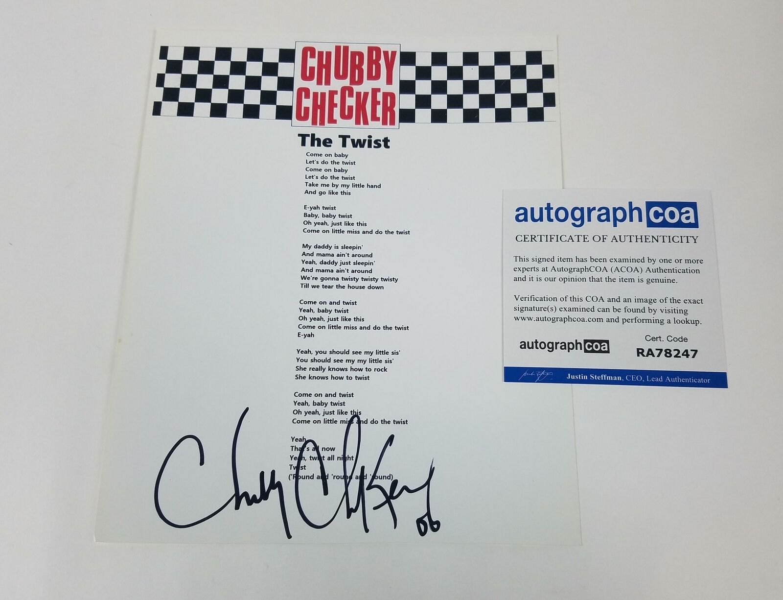 Chubby Checker Autographed Signed The Twist Song Lyrics Sheet ACOA ...