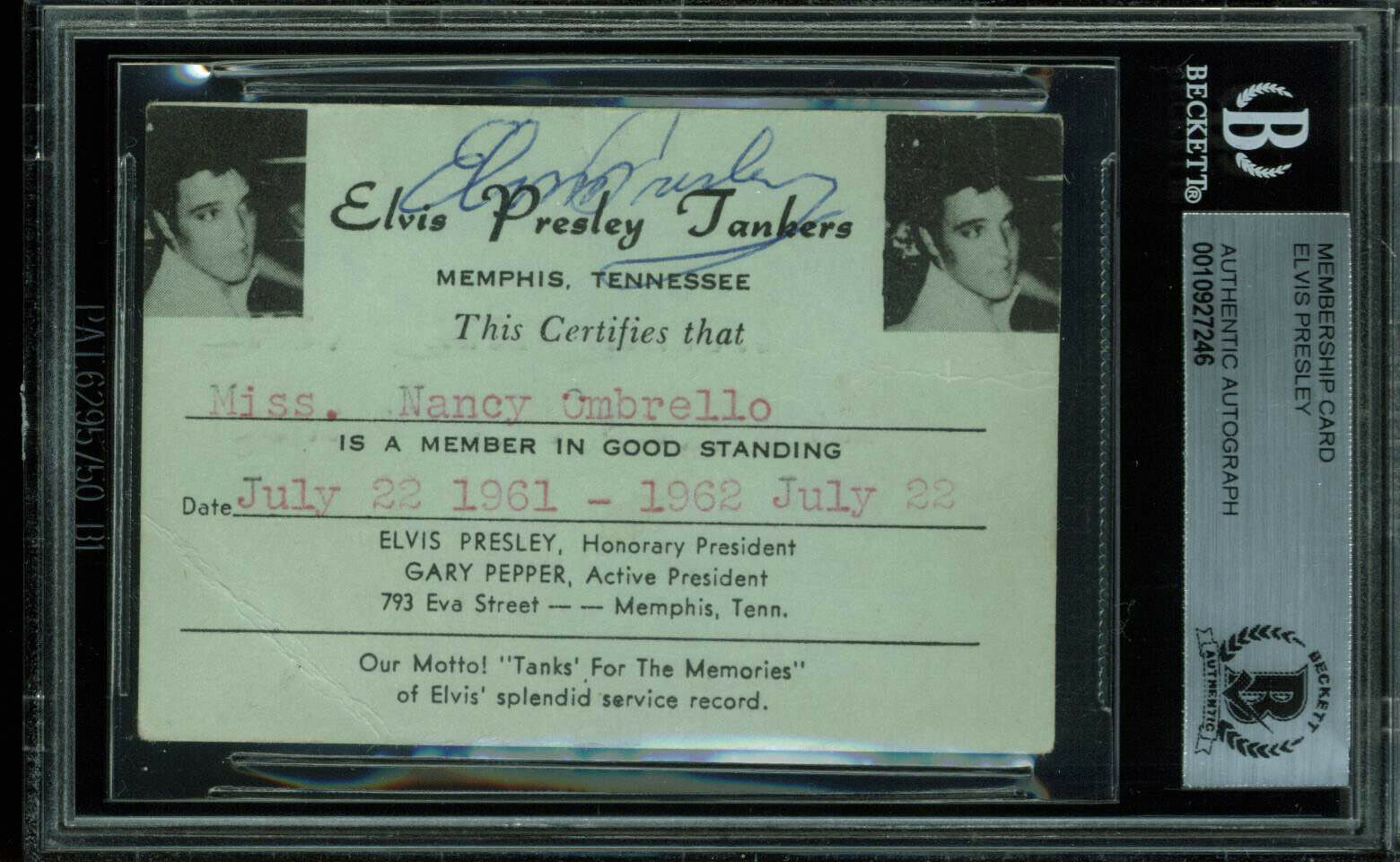 Elvis Presley Signed 2.4x3.5 1961 Elvis Presley Tankers Membership Card ...