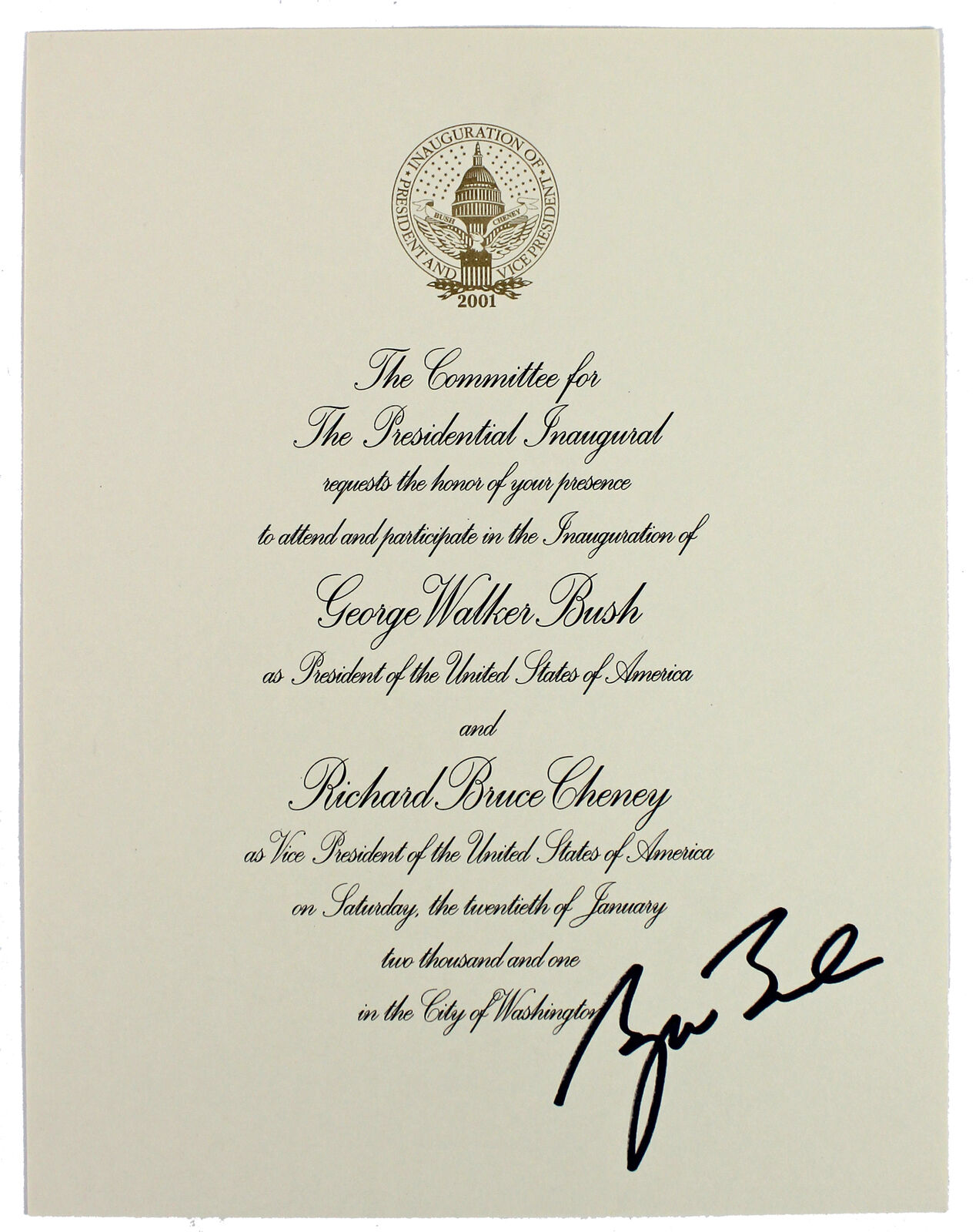 George W. Bush Authentic Signed 8.5x11 2001 Inauguration Invitation BAS ...