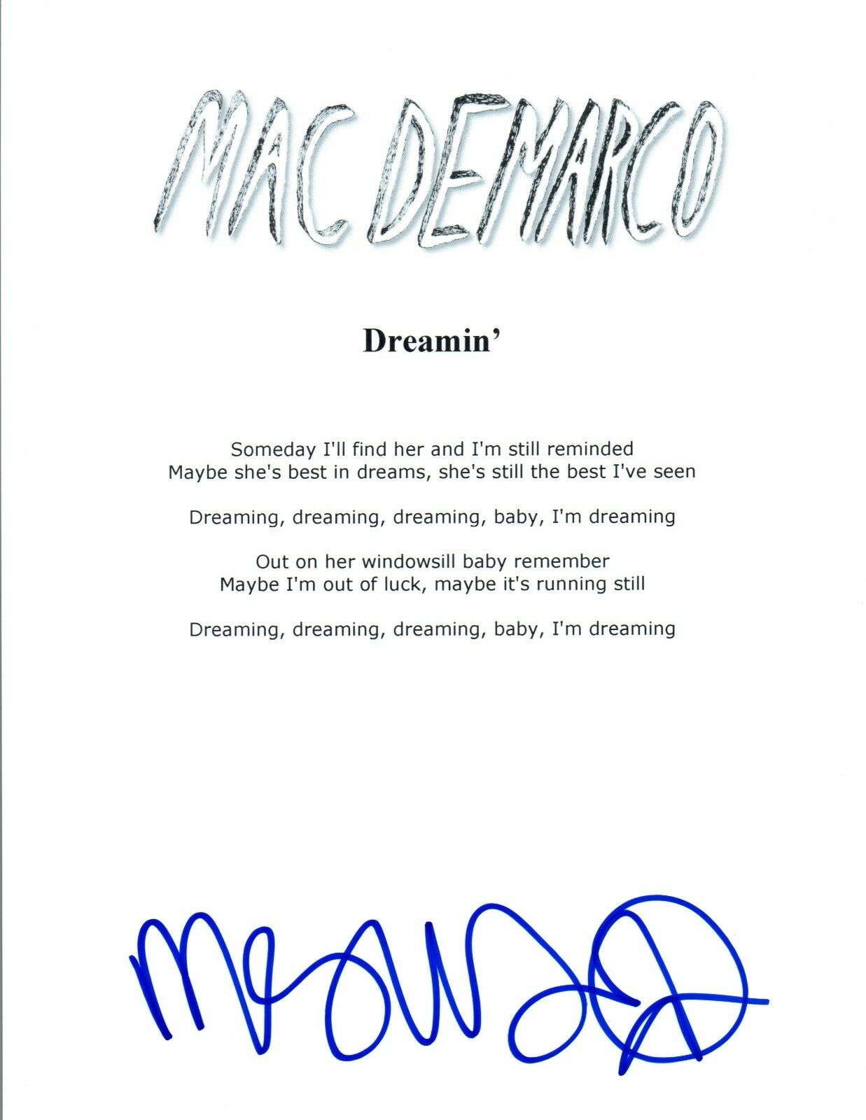 Mac DeMarco Signed Autographed DREAMIN' Music Lyric Sheet COA | Autographia