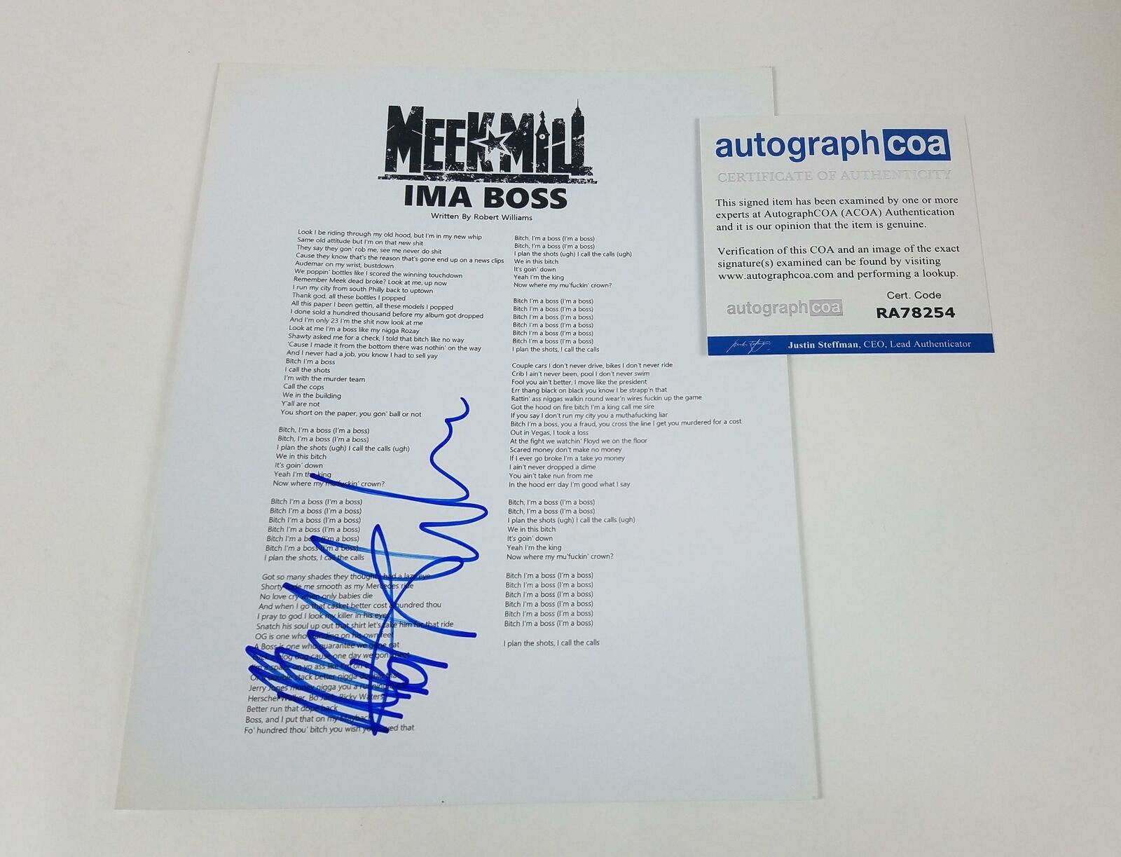 Meek Mill Autographed Signed Ima Boss Song Lyrics Sheet ACOA ...