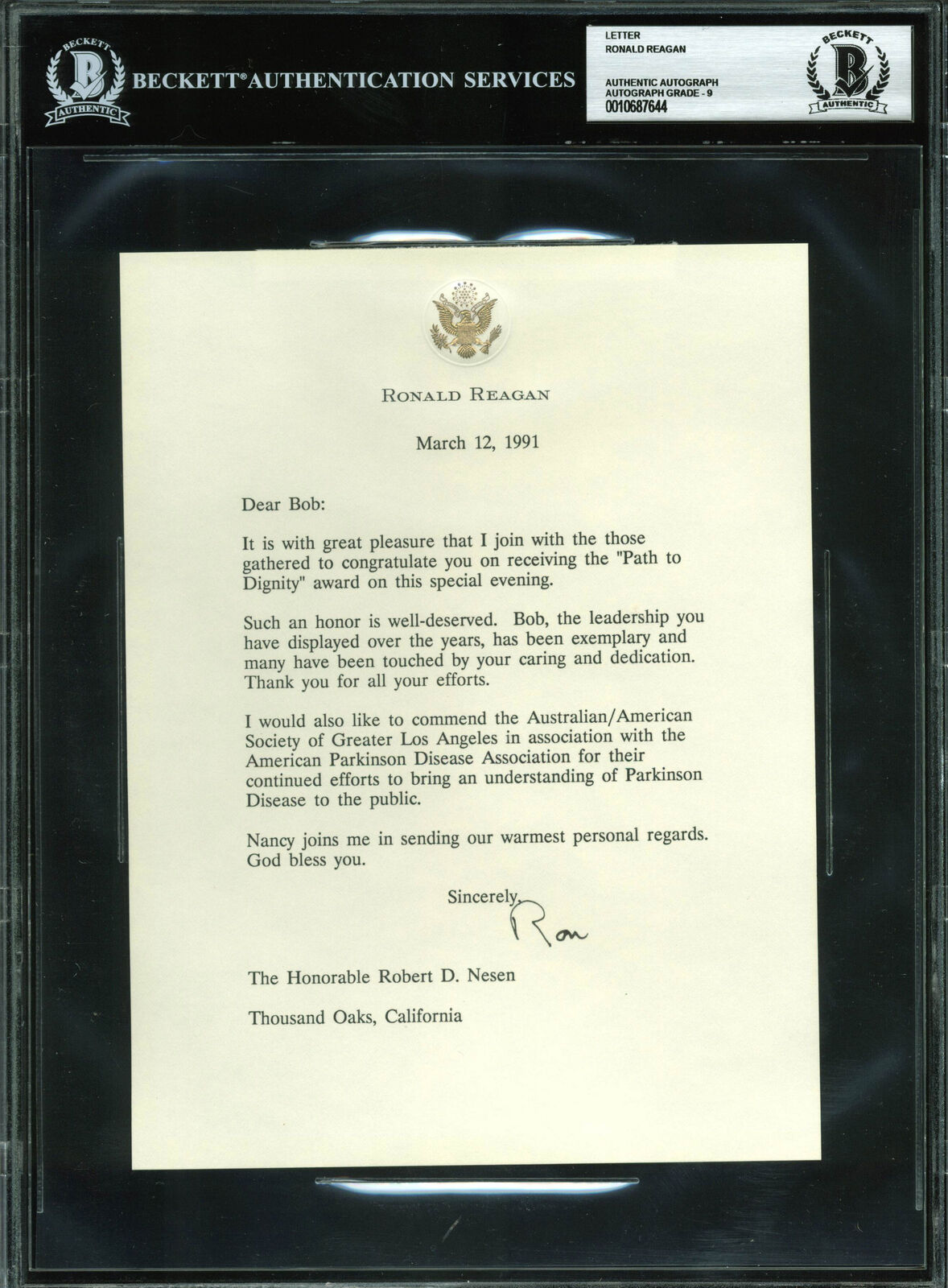 Ronald Reagan Signed 1991 Letter On Personal Letterhead Auto Graded 9 ...
