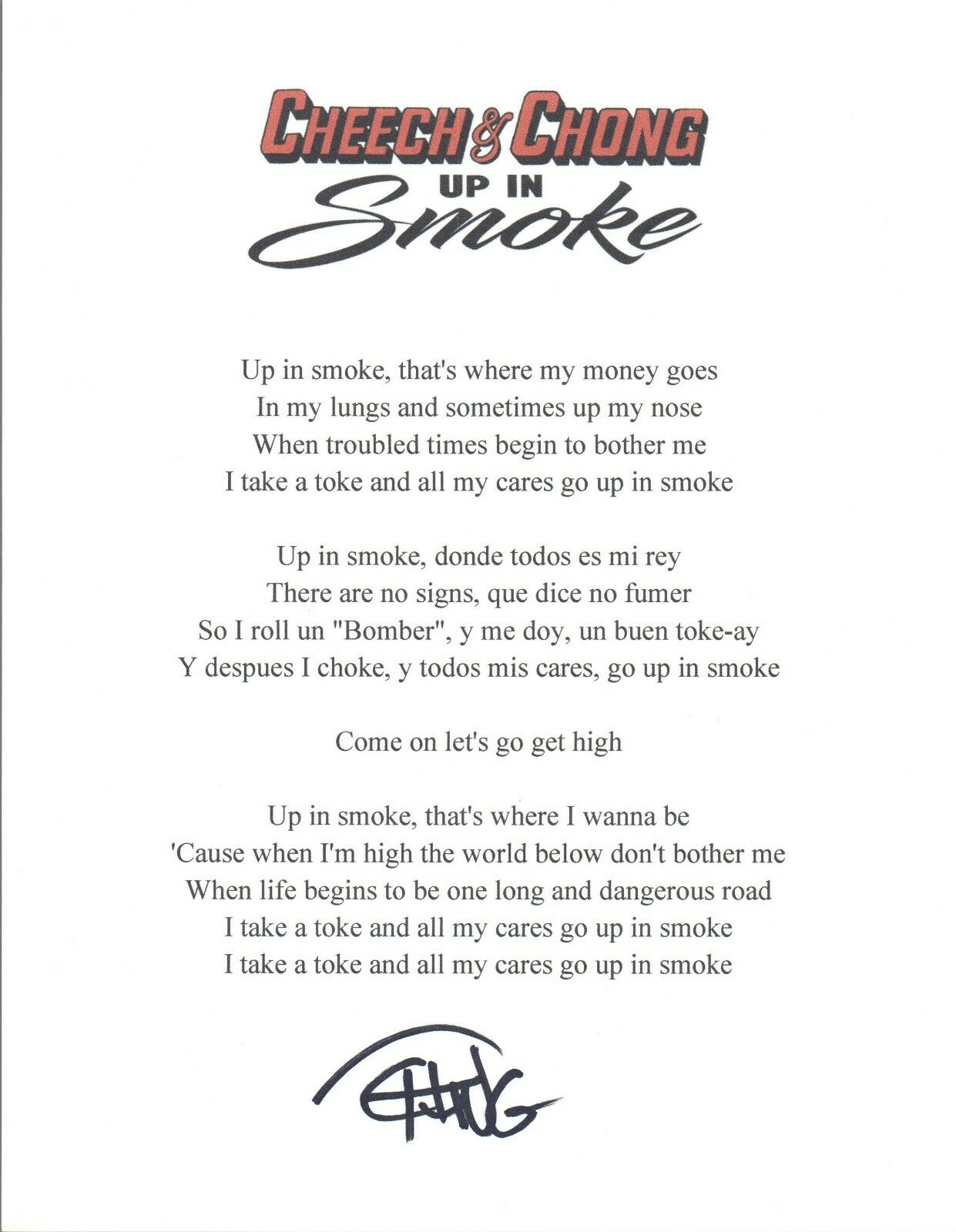 Tommy Chong Signed Autographed Cheech & Chong's "EARACHE MY EYE" Lyric ...