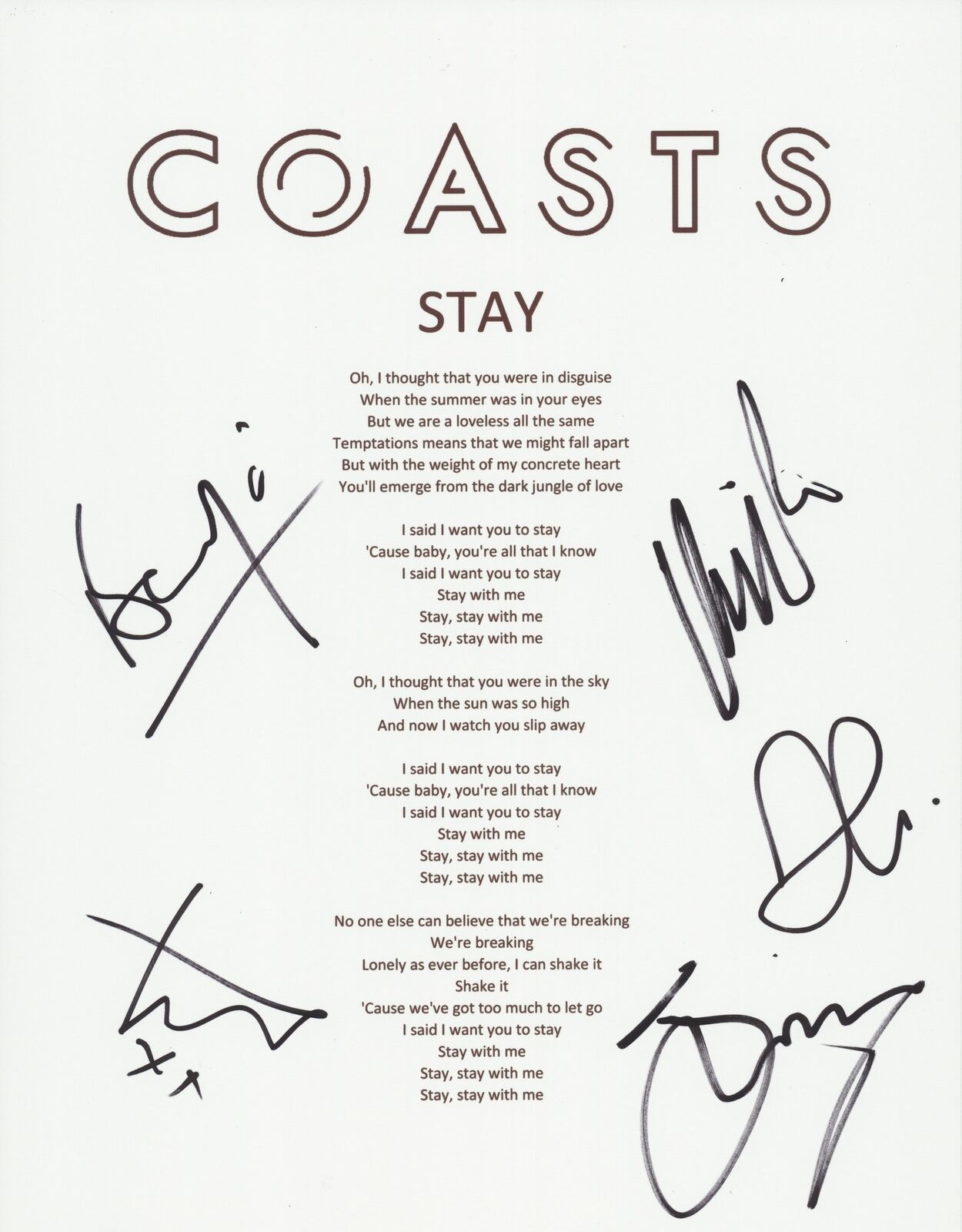 COASTS SIGNED STAY LYRIC SHEET | Autographia