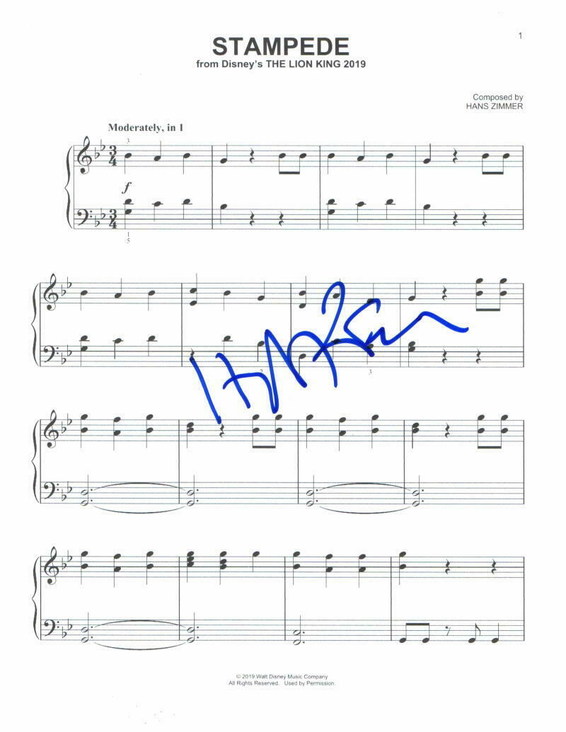 HANS ZIMMER SIGNED AUTOGRAPH "STAMPEDE" SHEET MUSIC - THE LION KING ...