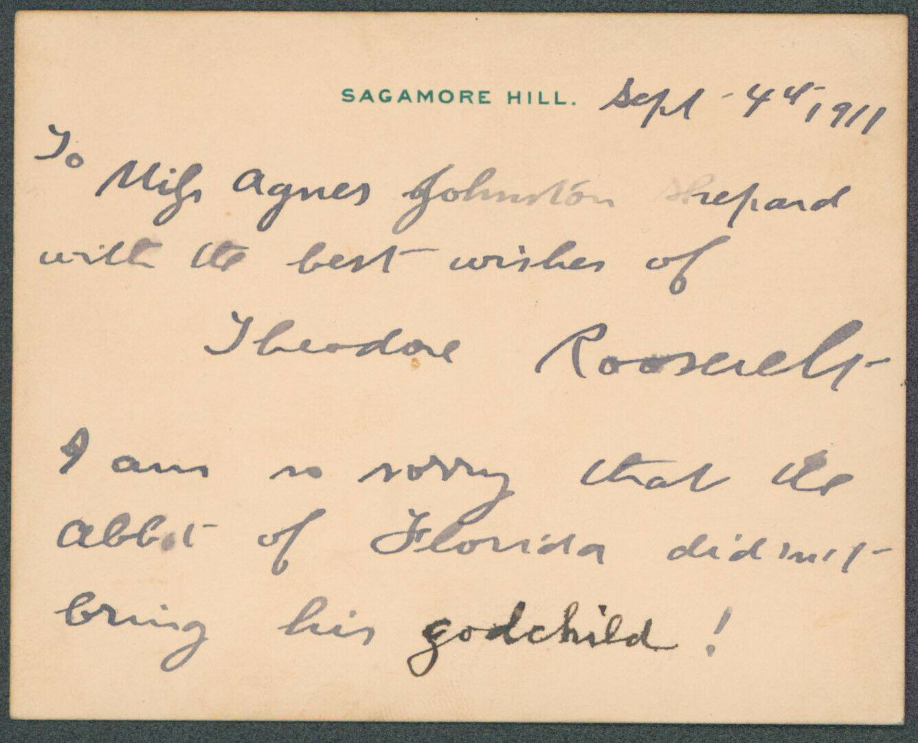 Theodore Roosevelt Authentic Signed 3.5x4.25 1911 Handwritten Note JSA ...
