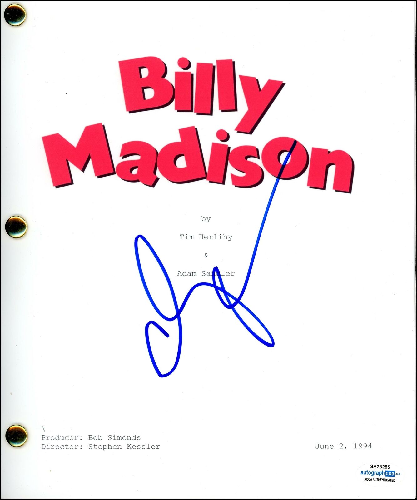 Adam Sandler "Billy Madison" AUTOGRAPH Signed Complete Script ...