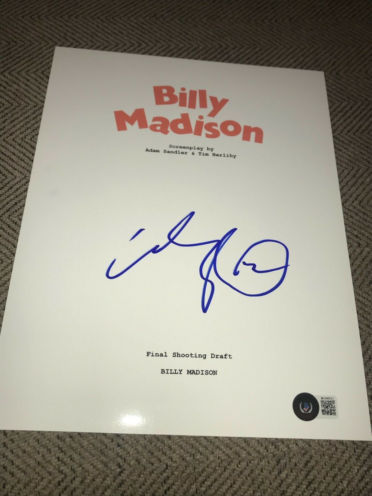 ADAM SANDLER SIGNED AUTOGRAPH BILLY MADISON MOVIE SCRIPT IN PERSON ...