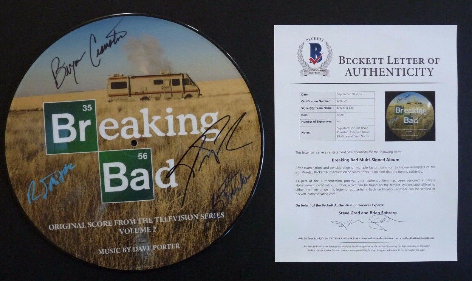 Breaking Bad Bryan Cranston +3 Autographed Signed Picture Disc LP BAS ...