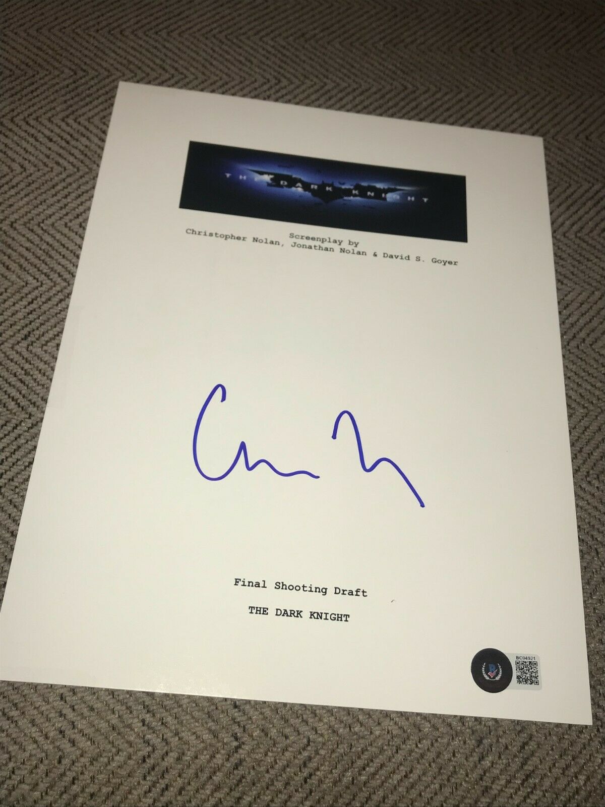CHRISTOPHER NOLAN SIGNED AUTOGRAPH MOVIE SCRIPT DARK KNIGHT BECKETT BAS ...