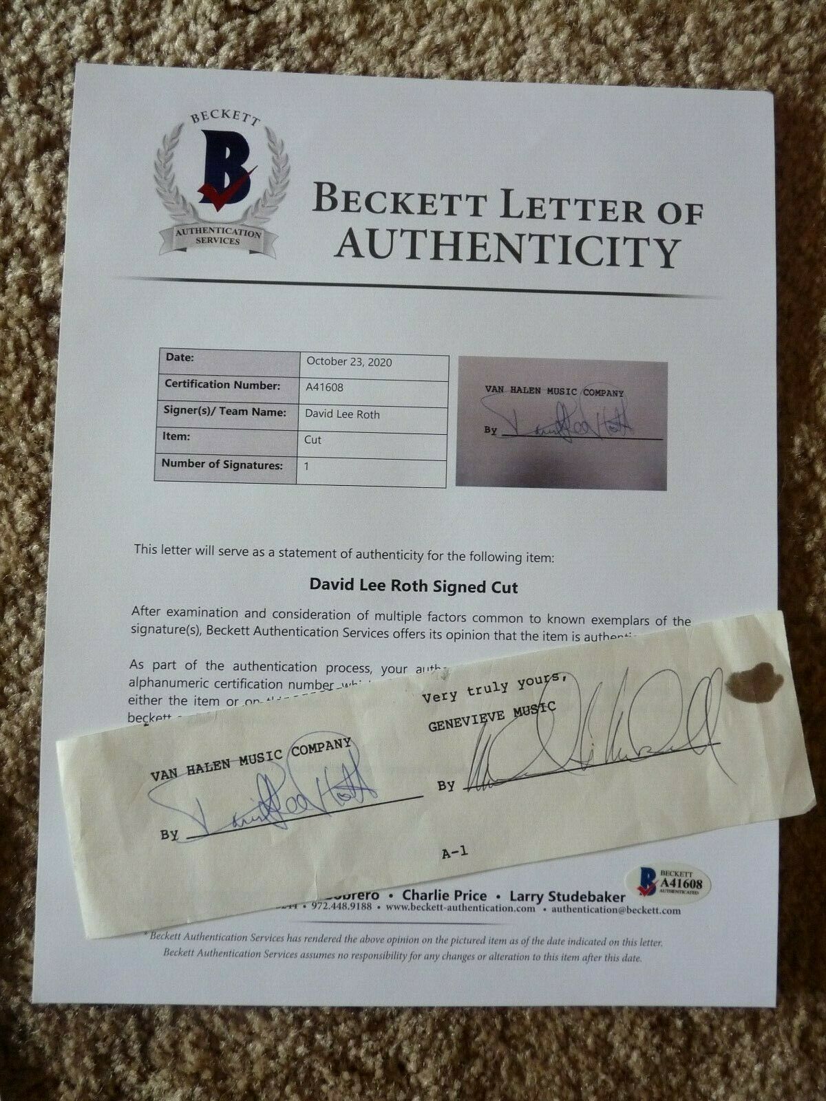 David Lee Roth Van Halen ORIGINAL Contract Double Signed Autograph BAS ...