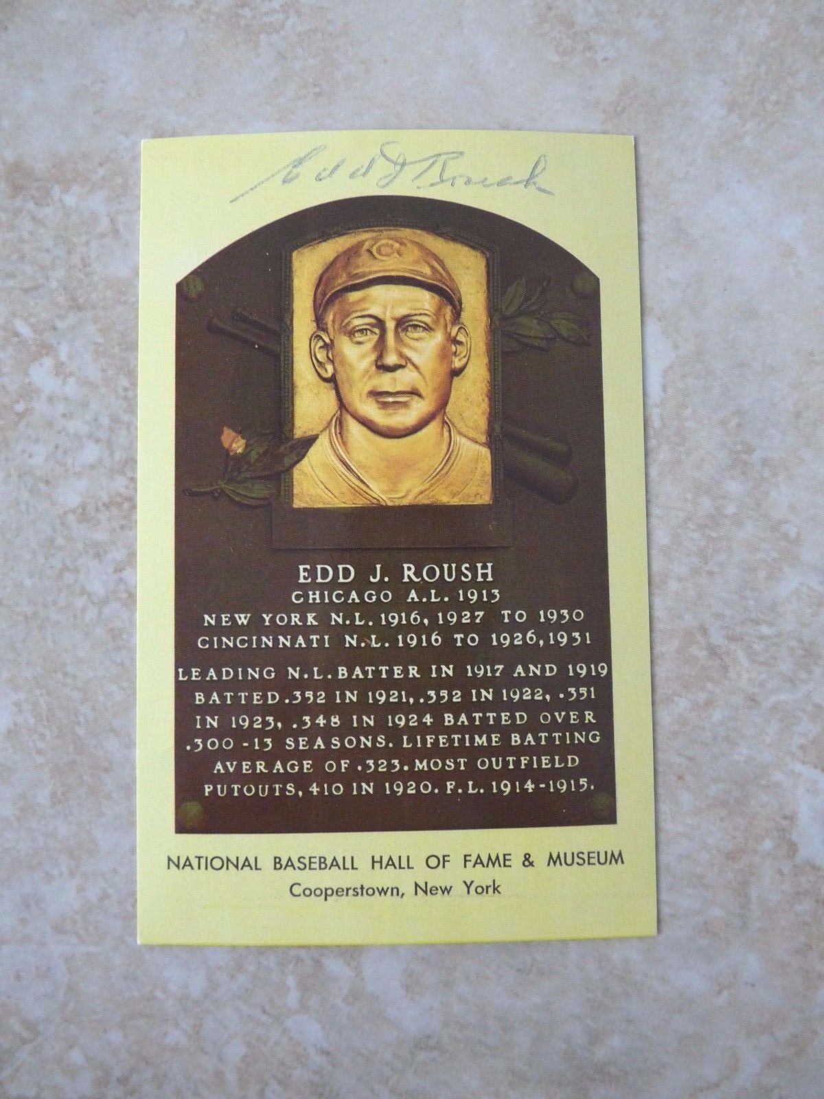 Edd Roush Double Signed 1956 Curteichcolor HOF Plaque Card PSA ...