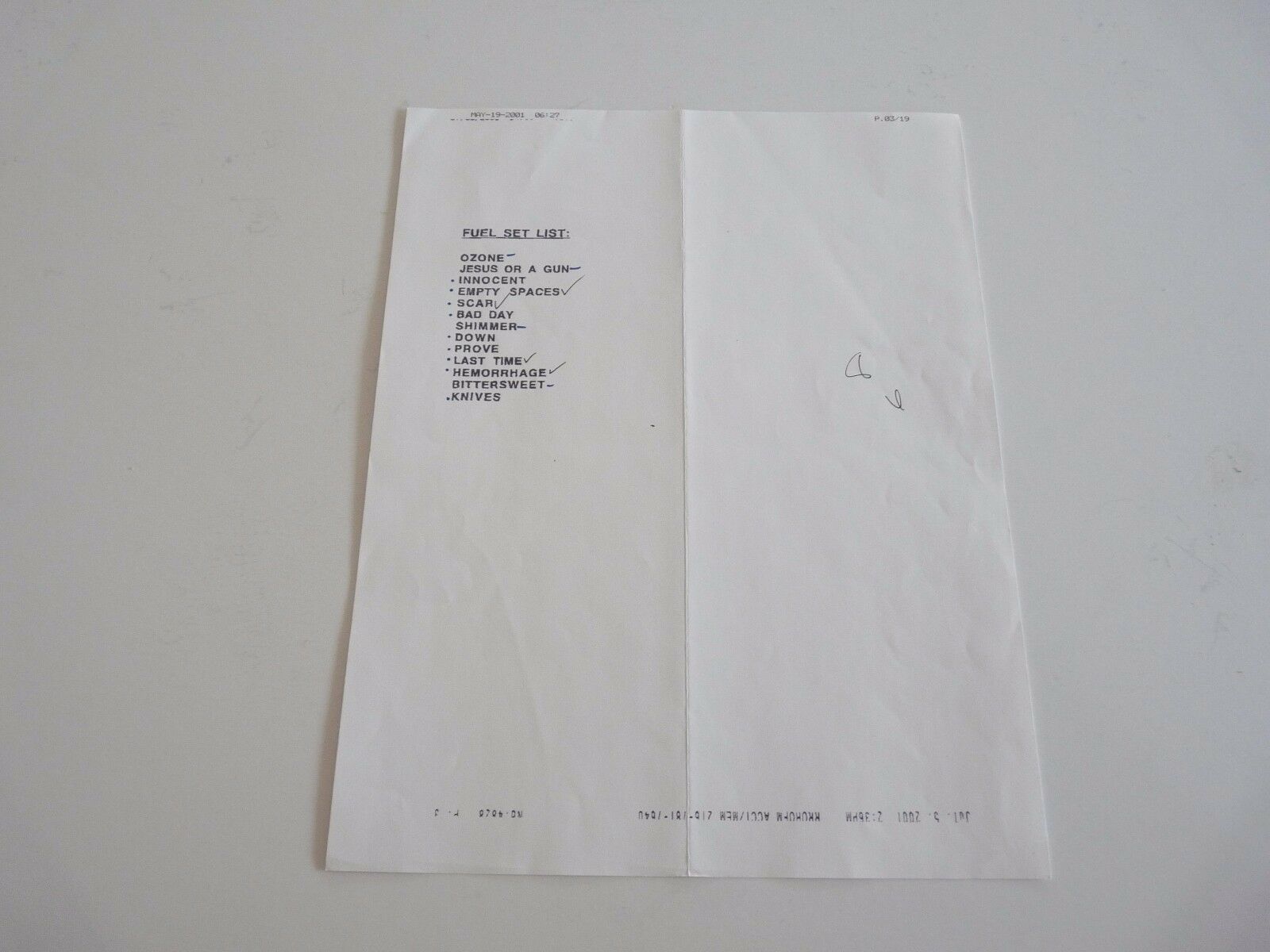 FUEL ROCK BAND 2001 Original Set List Stage Used Concert Rock Music ...