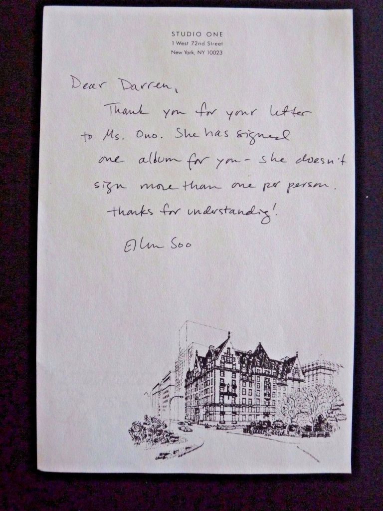 Yoko One Secretary Autograph Request Handwritten Letter On Studio One ...