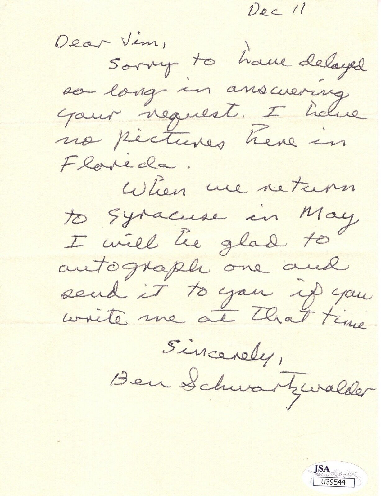 BEN SCHWARTZWALDER HAND SIGNED+HAND WRITTEN LETTER SYRACUSE COACHING ...