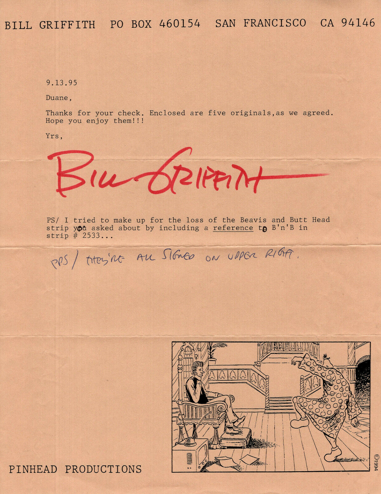 BILL GRIFFITH HAND SIGNED+HAND WRITTEN LETTER+COA ZIPPY PINHEAD ...
