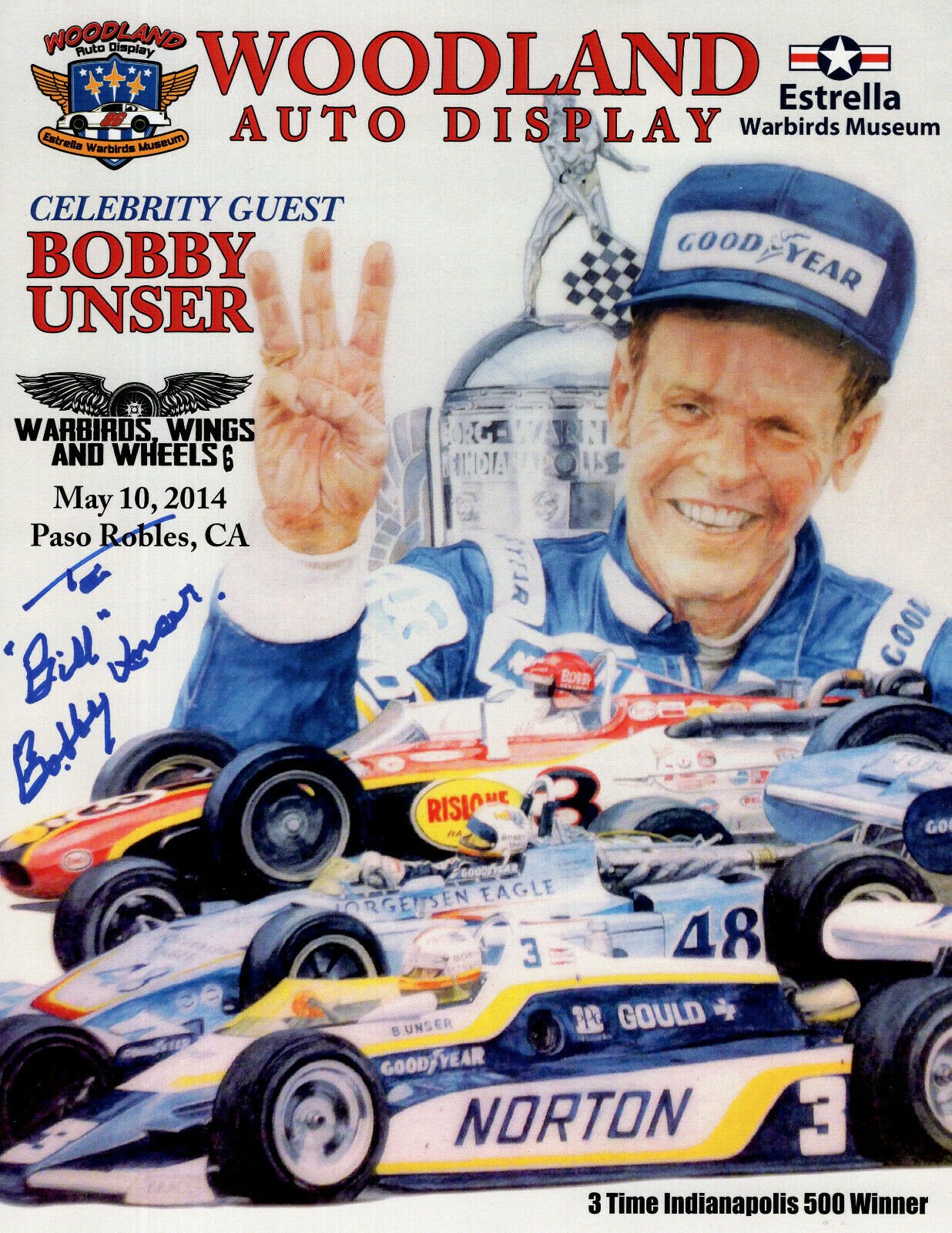 BOBBY UNSER HAND SIGNED 8x11 COLOR PHOTO+COA RACING LEGEND TO BILL ...