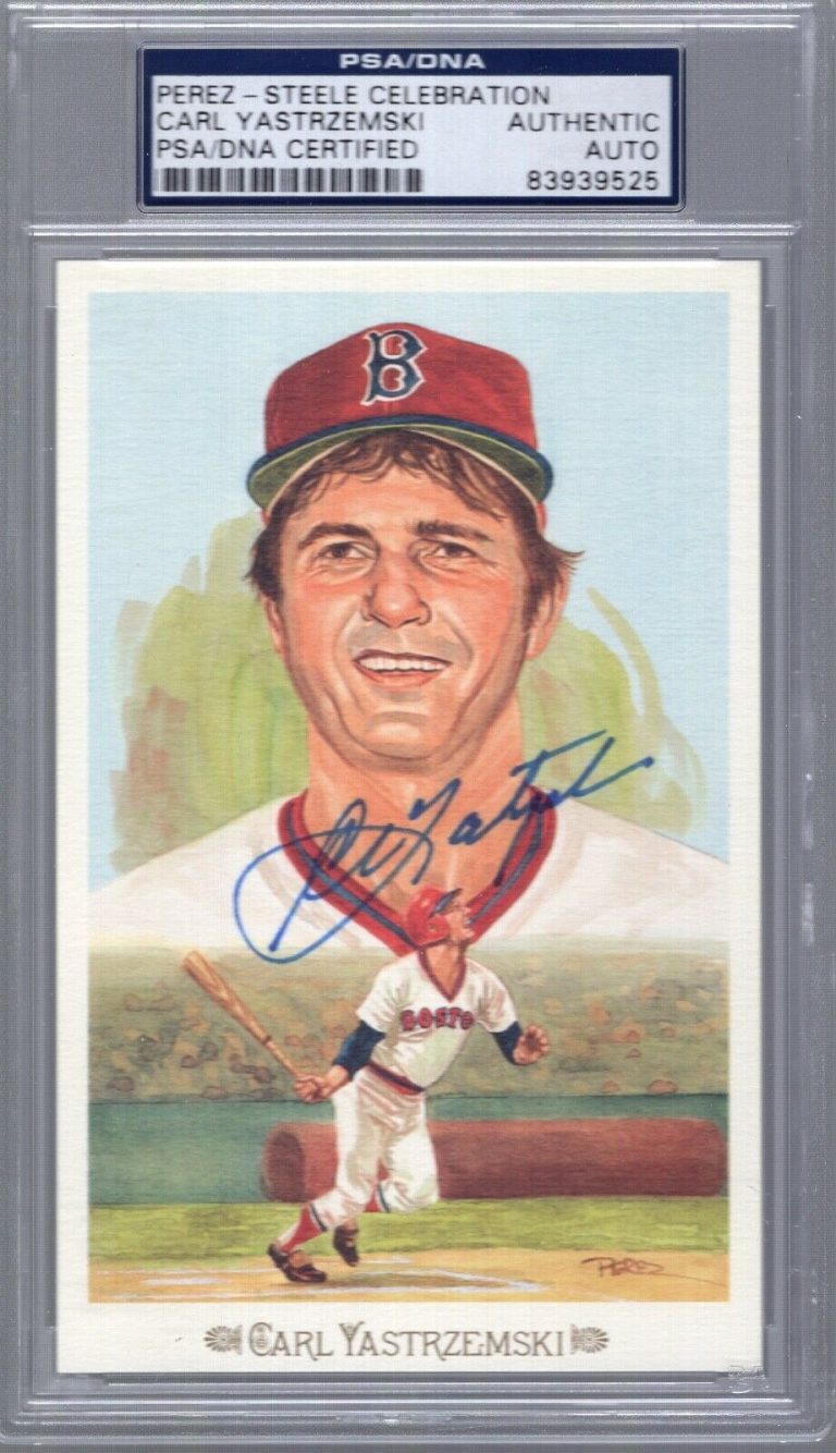 CARL YASTRZEMSKI HAND SIGNED HALL OF FAME PEREZ STEELE CARD PSA SLABBED ...