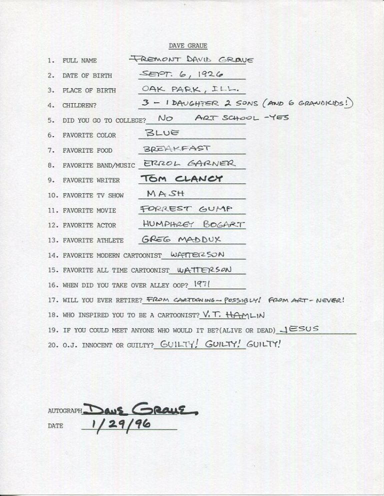 DAVE GRAUE HAND SIGNED+FILLED OUT 20 QUESTIONS+COA ALLEY OOP CARTOONIST ...