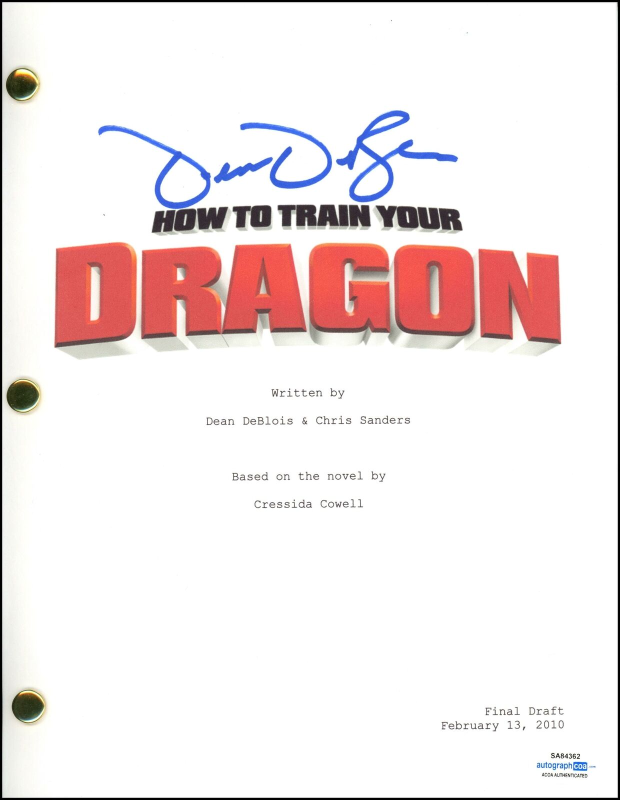 Dean DeBlois "How to Train Your Dragon" AUTOGRAPH Signed Full Script ...