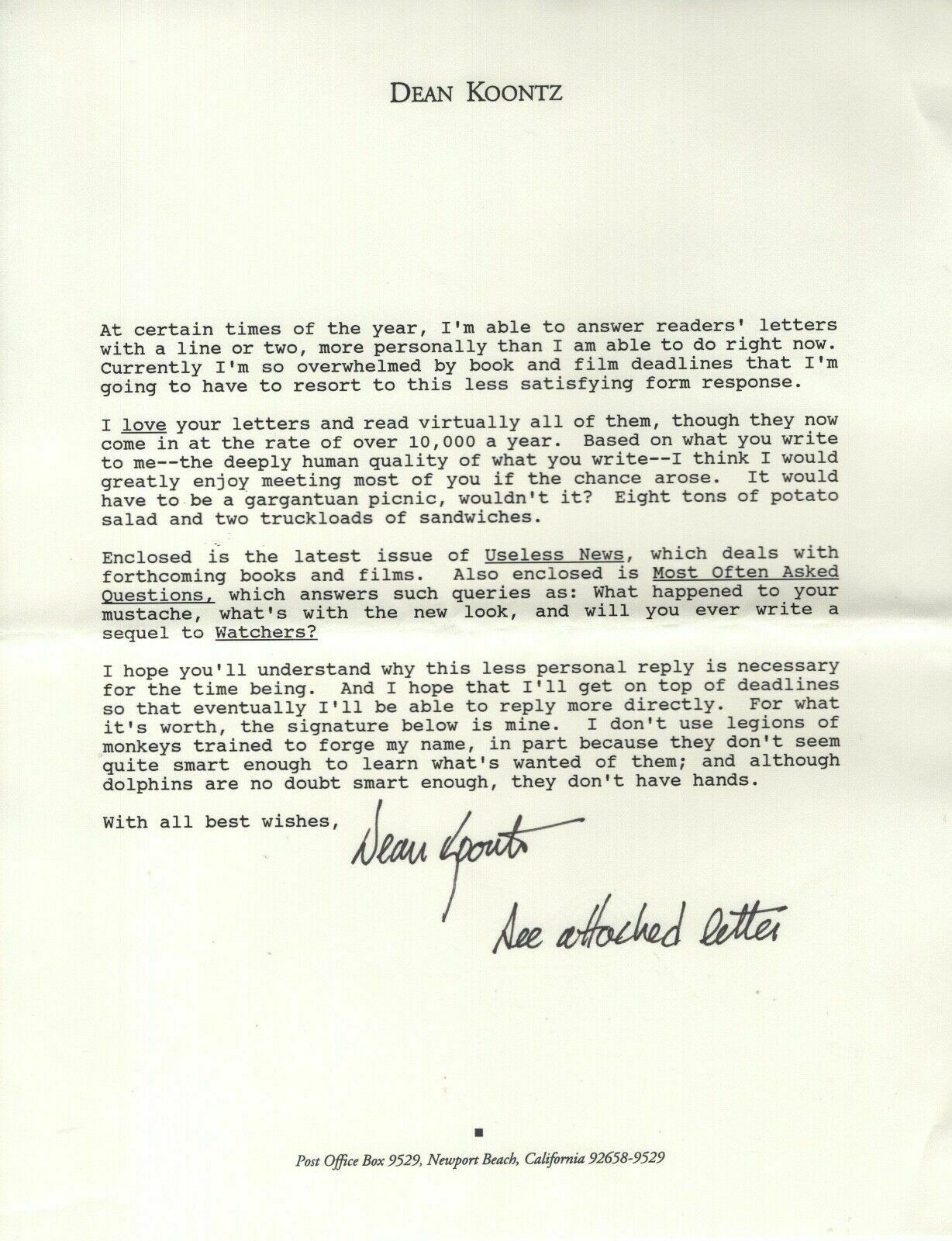 DEAN KOONTZ HAND SIGNED AUTOGRAPH ON PERSONAL LETTERHEAD+COA GREAT ...