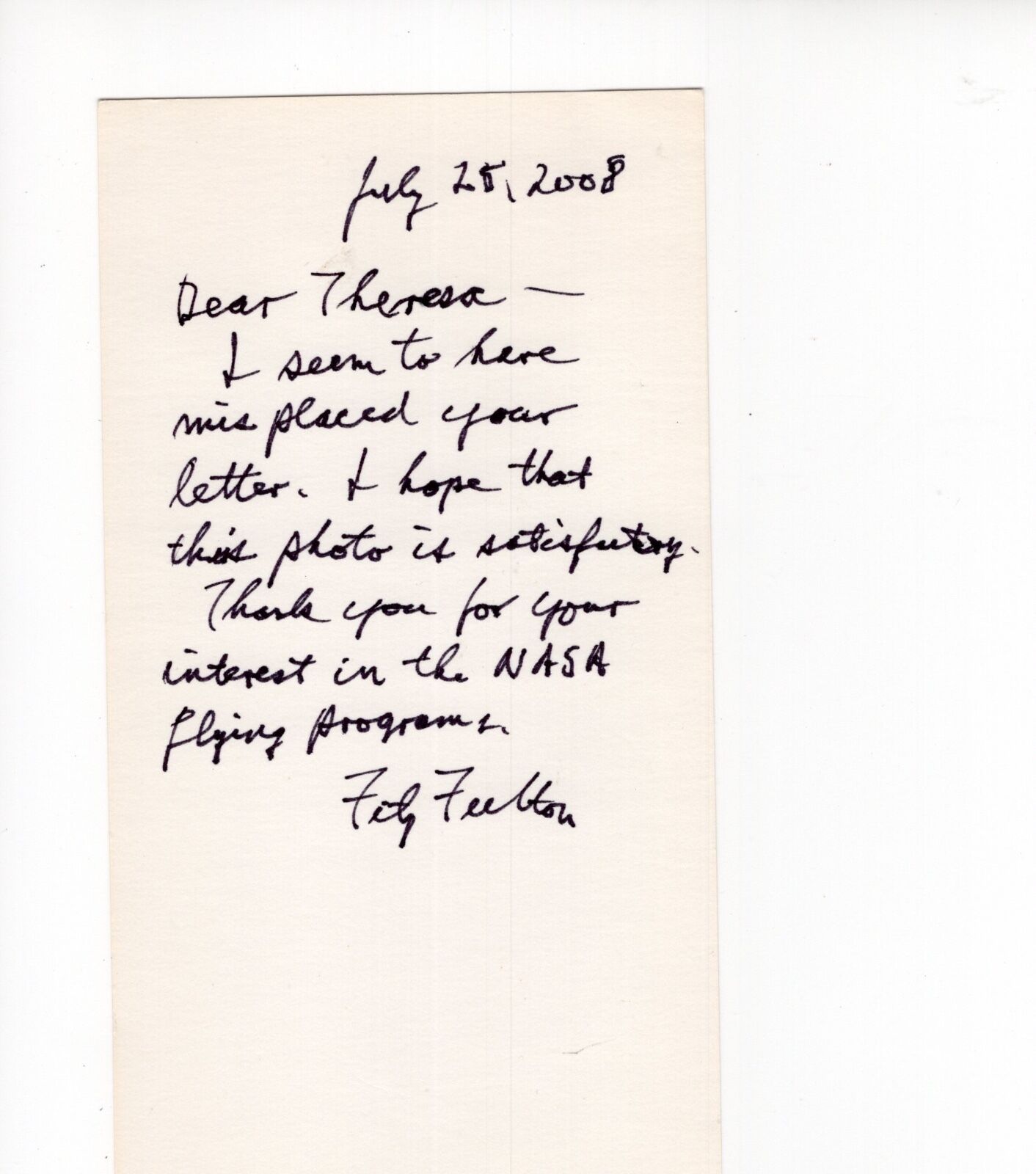 FITZ FULTON HAND SIGNED HAND WRITTEN 3x7 NOTE+COA GREAT NASA TEST PILOT ...