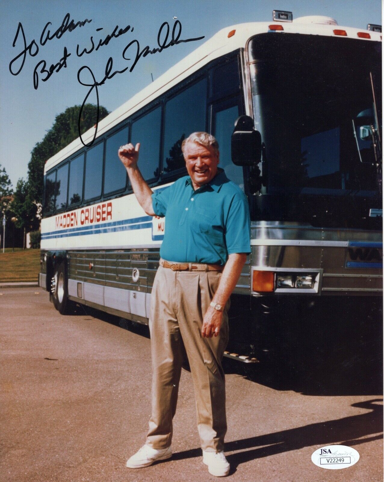 JOHN MADDEN HAND SIGNED 8x10 COLOR PHOTO MADDEN CRUISER TO ADAM JSA ...