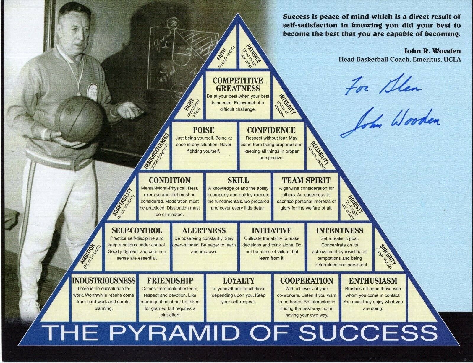 JOHN WOODEN HAND SIGNED 8x11 PYRAMID OF SUCCESS UCLA COACH FOR GLEN JSA ...