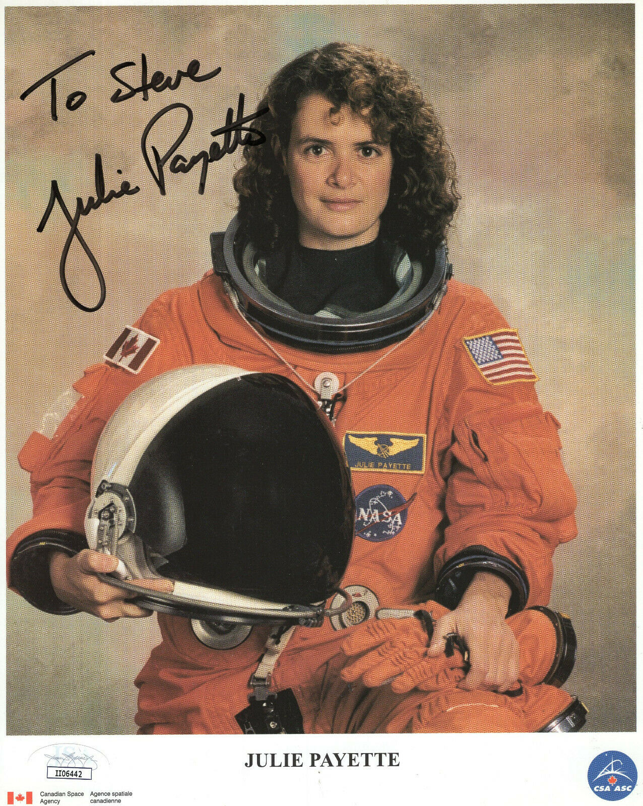 JULIE PAYETTE HAND SIGNED 8x10 PHOTO GREAT ASTRONAUT TO STEVE JSA | Autographia