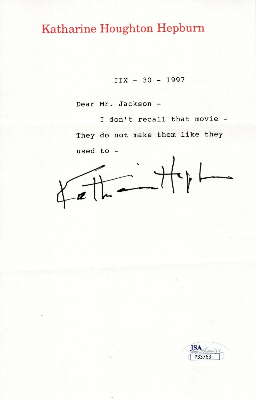 KATHARINE HEPBURN HAND SIGNED LETTER ON LETTERHEAD GREAT CONTENT JSA ...