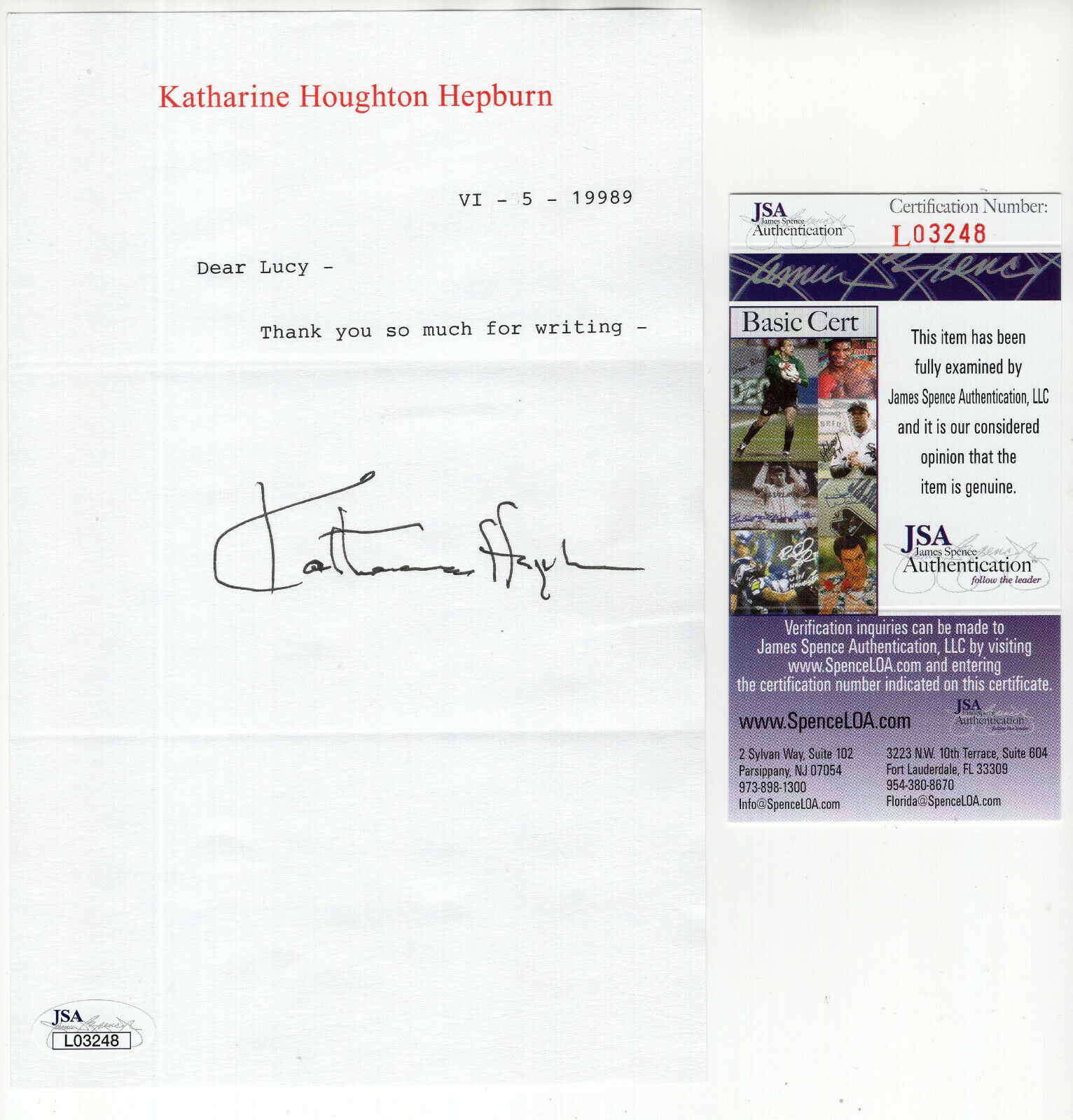 KATHARINE HEPBURN HAND SIGNED LETTER ON LETTERHEAD RARE DEAR LUCY JSA ...