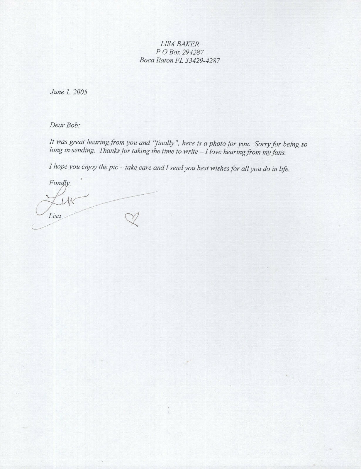LISA BAKER HAND SIGNED 8x11 TYPED LETTER FROM 2005+COA BEAUTIFUL MODEL ...