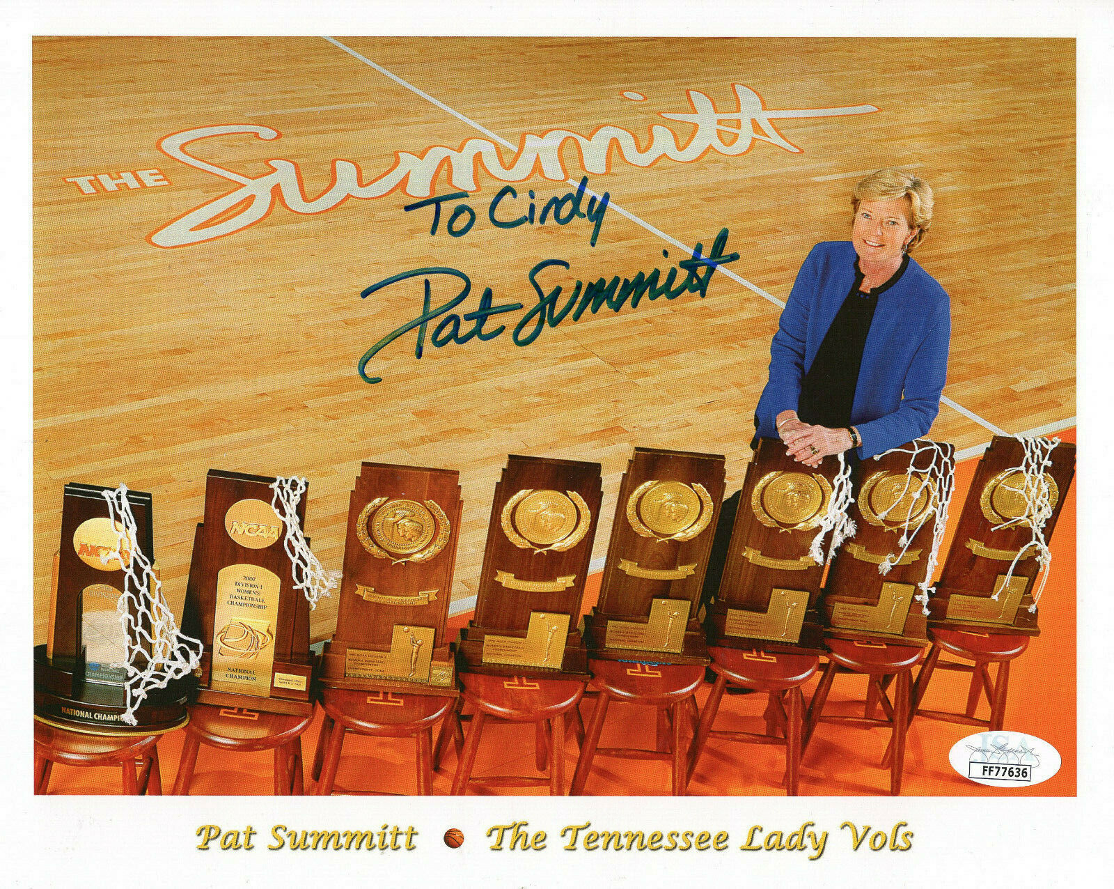 PAT SUMMITT HAND SIGNED 8x10 COLOR PHOTO LADY VOLS COACH TO CINDY JSA ...