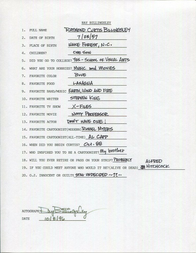 RAY BILLINGSLEY HAND SIGNED+FILLED OUT 20 QUESTIONS+COA CURTIS ...