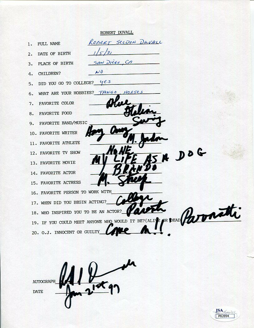ROBERT DUVALL HAND SIGNED+FILLED OUT 20 QUESTIONS THE GODFATHER JSA ...