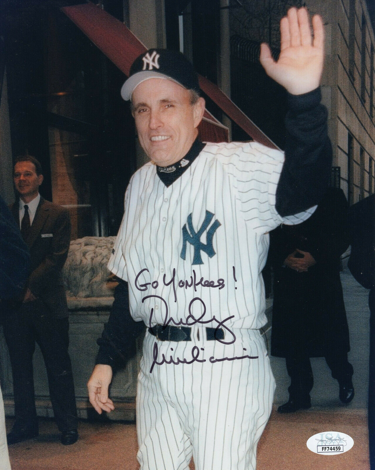 RUDY GIULIANI HAND SIGNED 8x10 COLOR PHOTO RARE POSE IN YANKEE UNIFORM ...