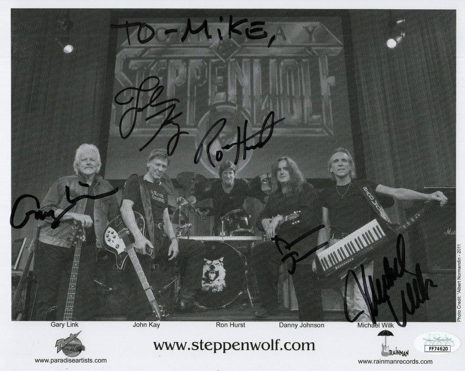 STEPPENWOLF HAND SIGNED 8x10 PHOTO JOHN KAY BORN TO BE WILD TO MIKE JSA ...