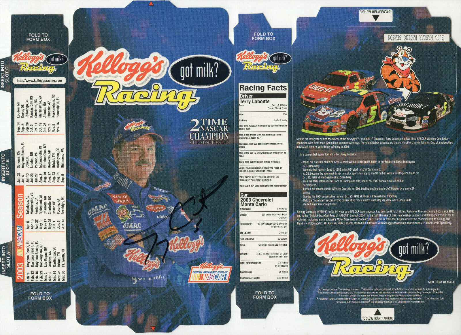 TERRY LABONTE HAND SIGNED 2003 MINI KELLOGG'S CEREAL BOX+COA NASCAR ...
