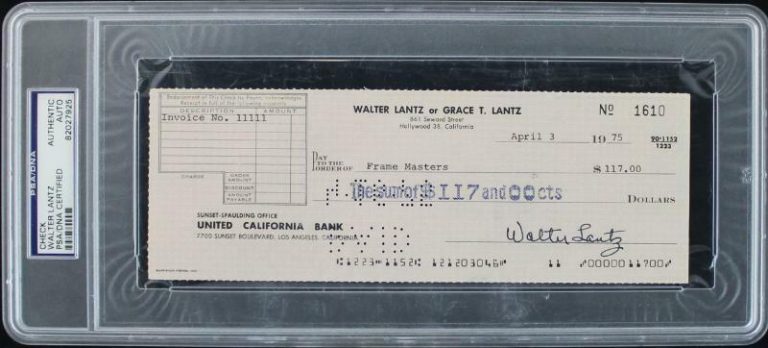 Walter Lantz Woody Woodpecker Authentic Signed 1975 Check PSA/DNA ...
