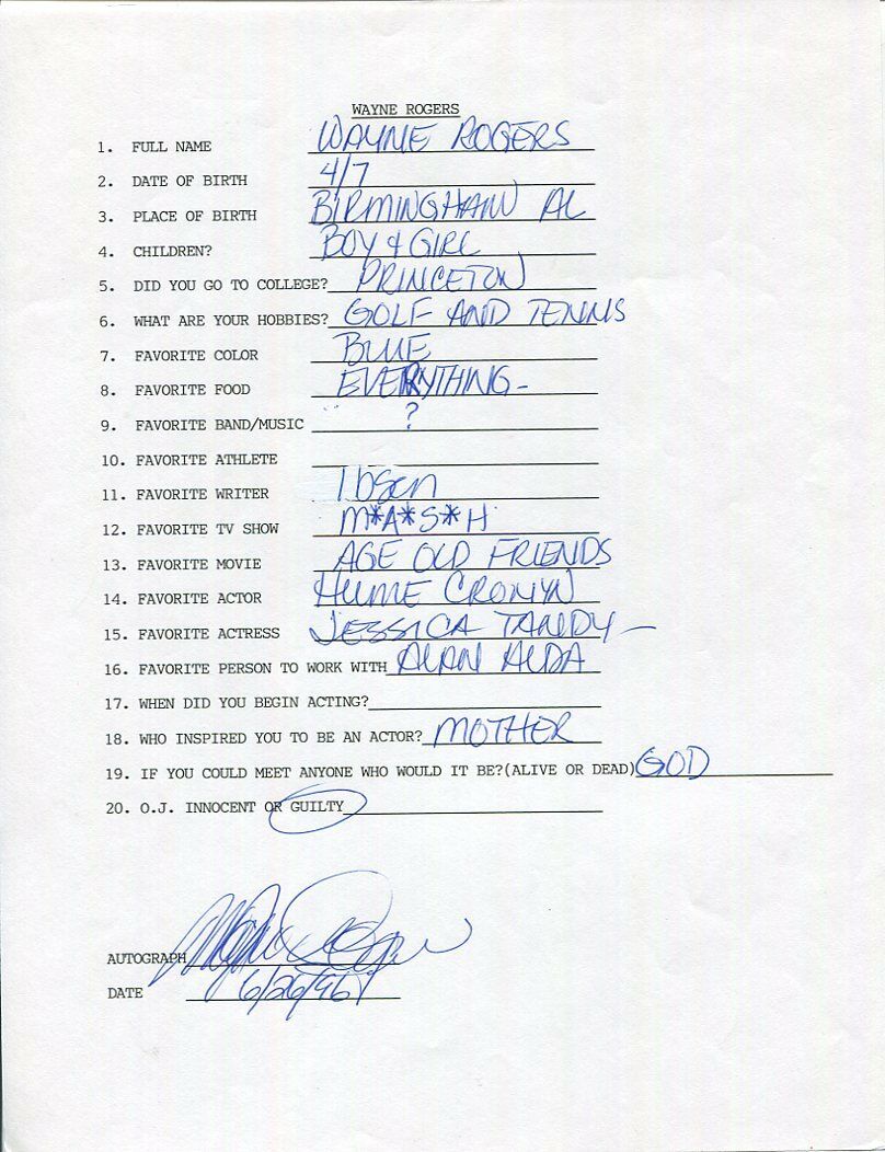 WAYNE ROGERS HAND SIGNED+FILLED OUT 20 QUESTIONS+COA LEGENDARY ACTOR ...