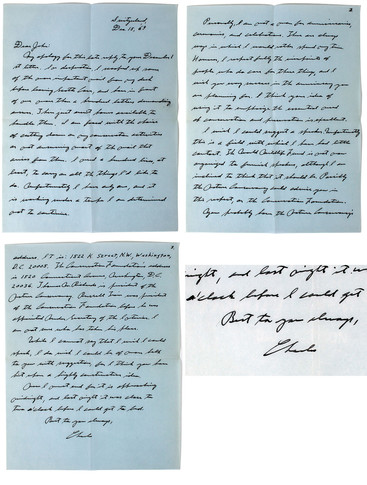 Charles Lindbergh Signed 8.5x11 3 1969 Page Handwritten Letter BAS # ...