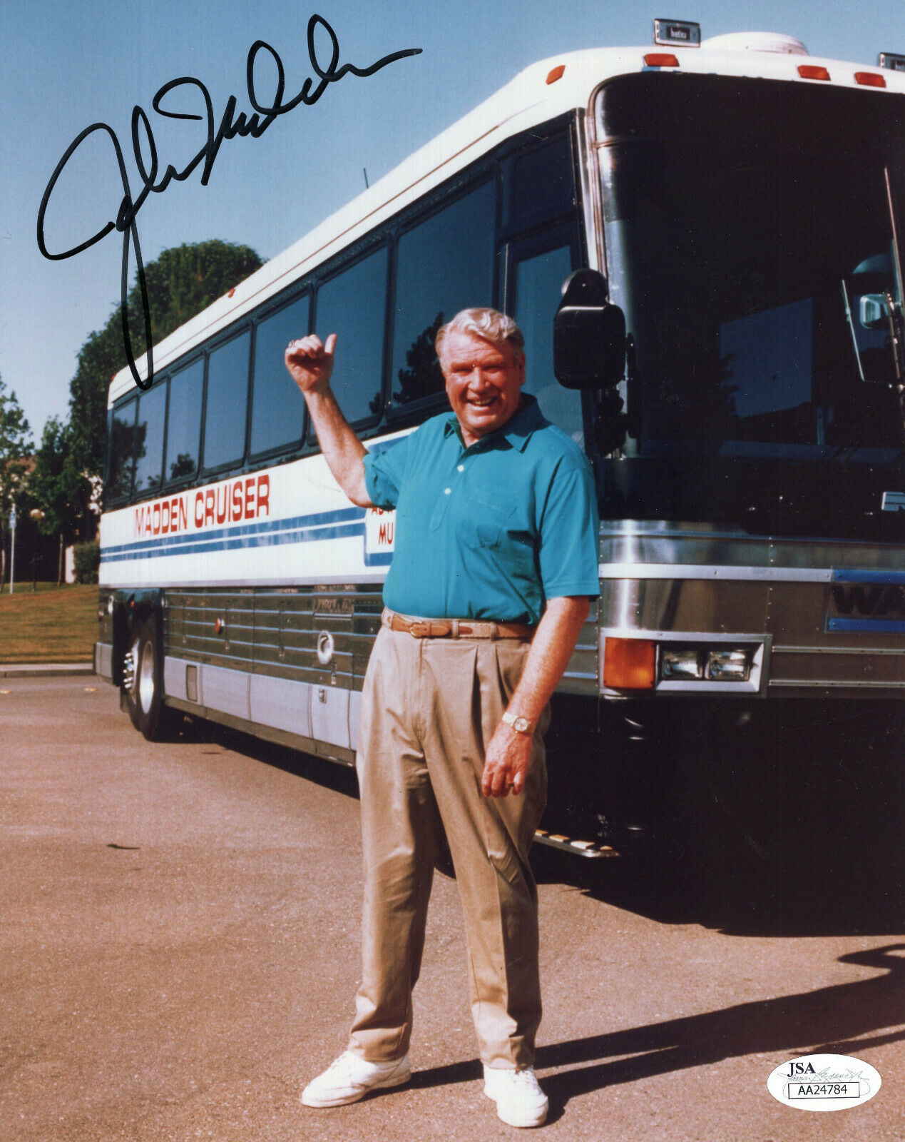 JOHN MADDEN HAND SIGNED 8x10 COLOR PHOTO GREAT POSE MADDEN CRUISER JSA ...