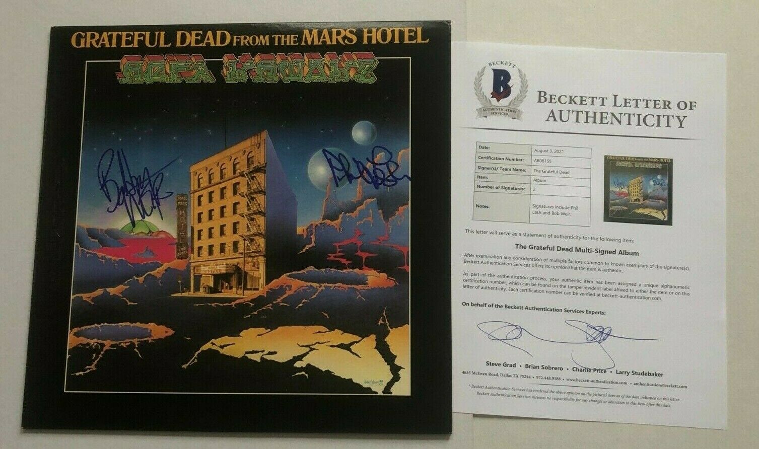 LESH & WEIR Signed Grateful Dead MARS HOTEL LP ALBUM COVER w/ Beckett ...