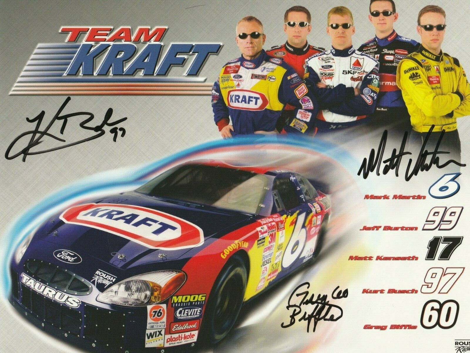MARK MARTIN, GREG BIFFLE & KURT BUSCH Signed Oversized CARD w/ COA ...