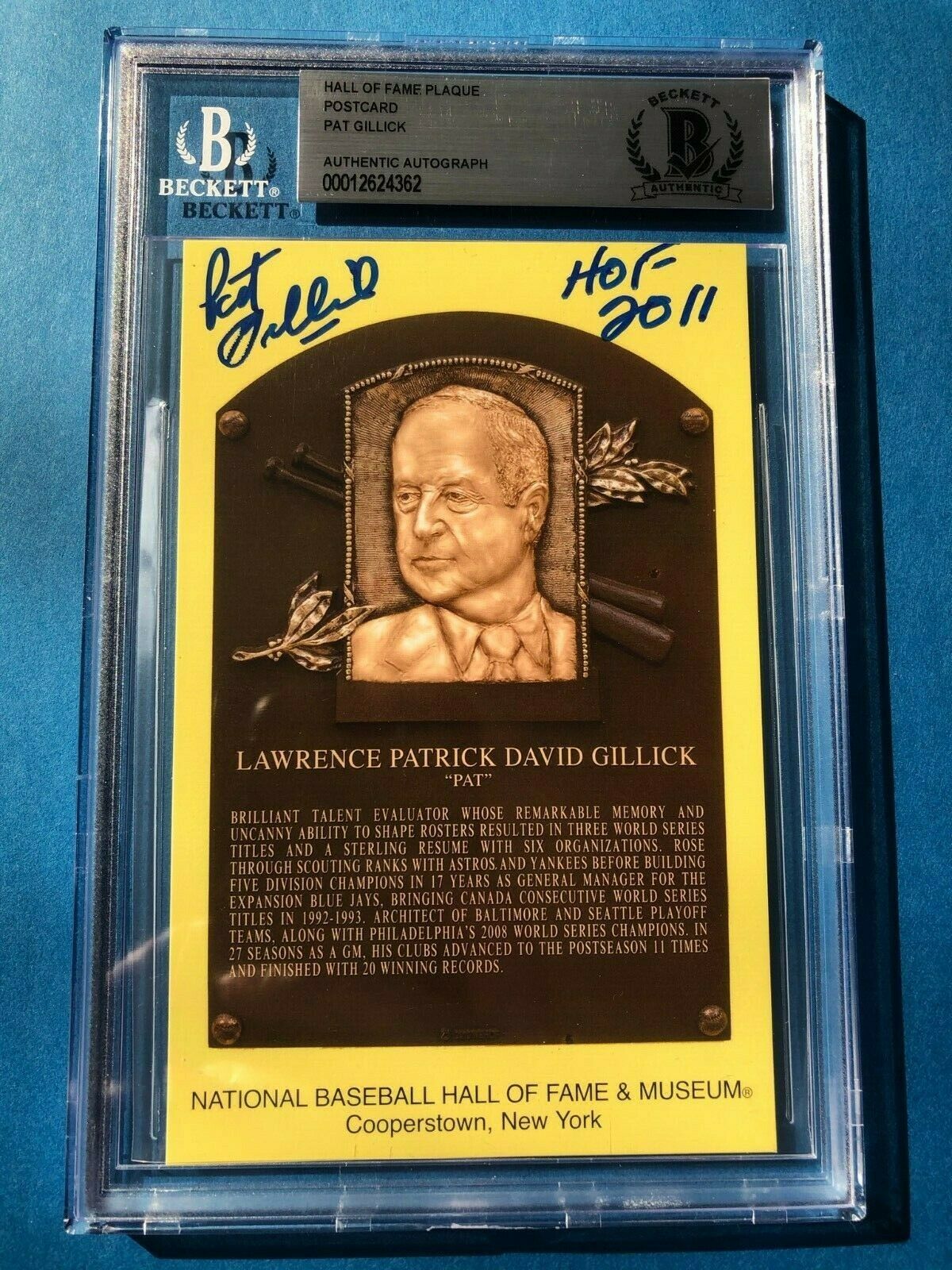 PAT GILLICK Signed HALL OF FAME PLAQUE POSTCARD Beckett BAS & HOF ...