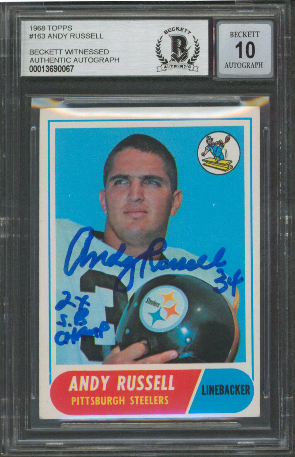 Steelers Andy Russell "2X SB Champ" Signed 1968 Topps #163 Card Auto 10 ...