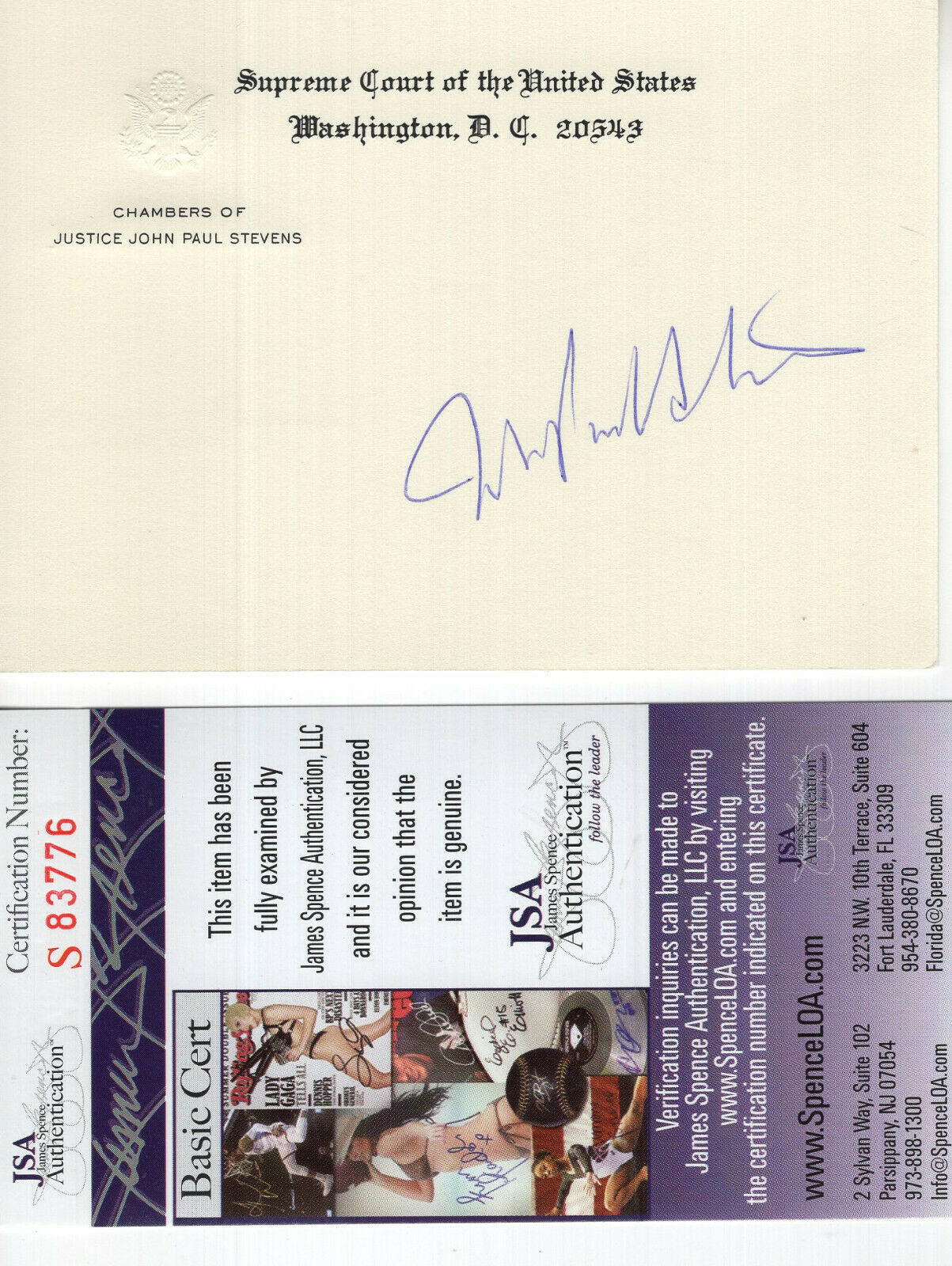 JOHN PAUL STEVENS HAND SIGNED SUPREME COURT CARD SUPREME COURT JUSTICE ...